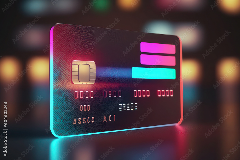 glowing credit debit card on a black background. bank payment system. money and loans. AI ...