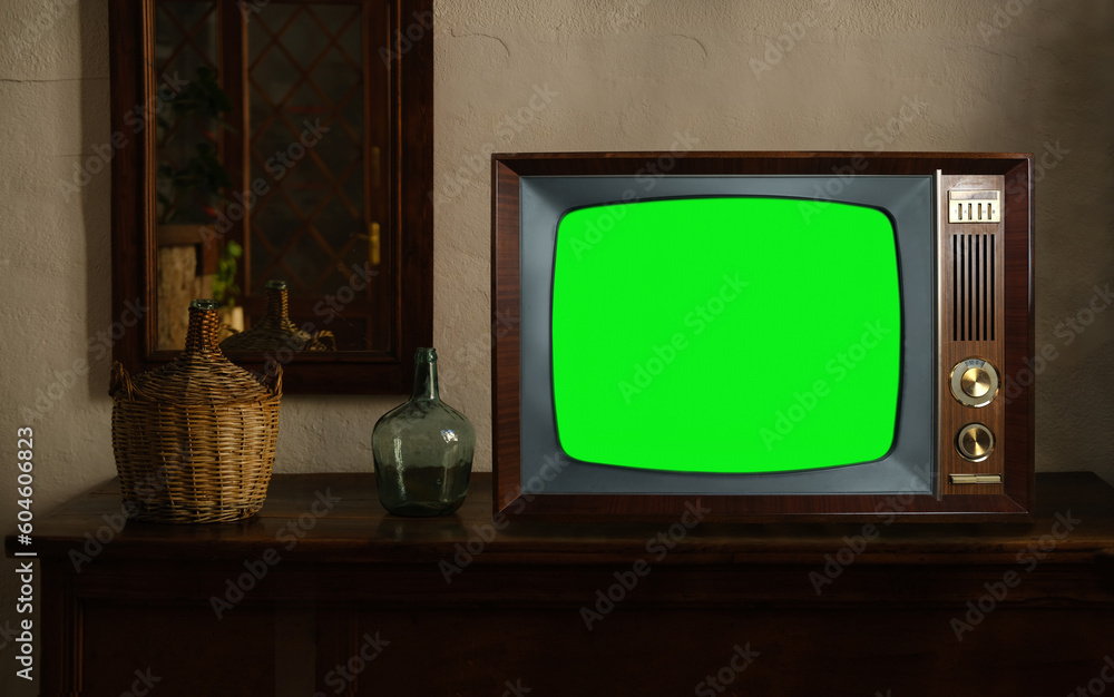 footage of Dated TV Set with Green Screen Mock Up Chroma Key Template ...