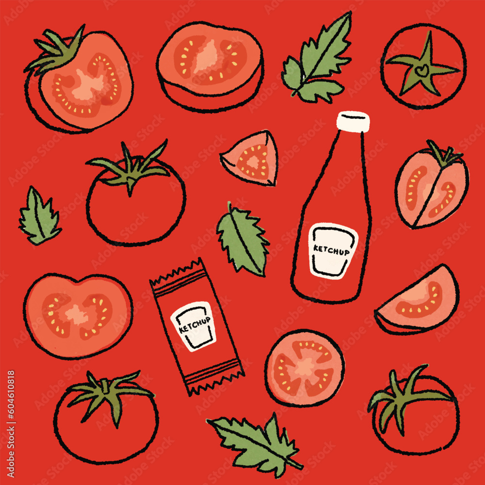 hand drawn tomato ketchup sauce pattern background vector illustration ...