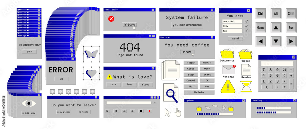 Big set in retro style. Old computer aestethic elements. Nostalgia for ...