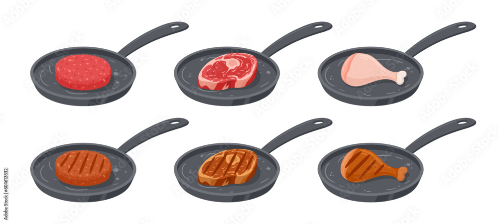 Fried pan with raw and roasted meat. Cartoon pork, beef steaks and ...