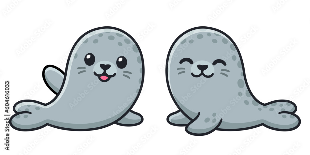 Cute cartoon grey seals. Kawaii grey spotted harbor seal character ...