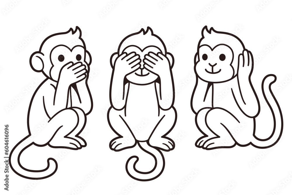 Three wise monkeys line drawing. See no evil, Hear no evil, Speak no ... Three wise monkeys line drawing. See no evil, Hear no evil, Speak no ...