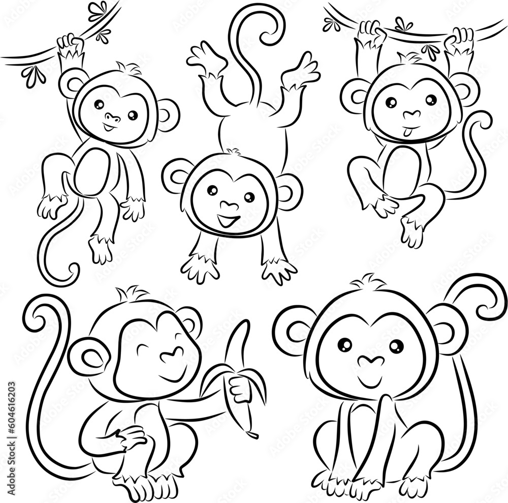 Monkey line art for coloring book page Stock Vector | Adobe Stock