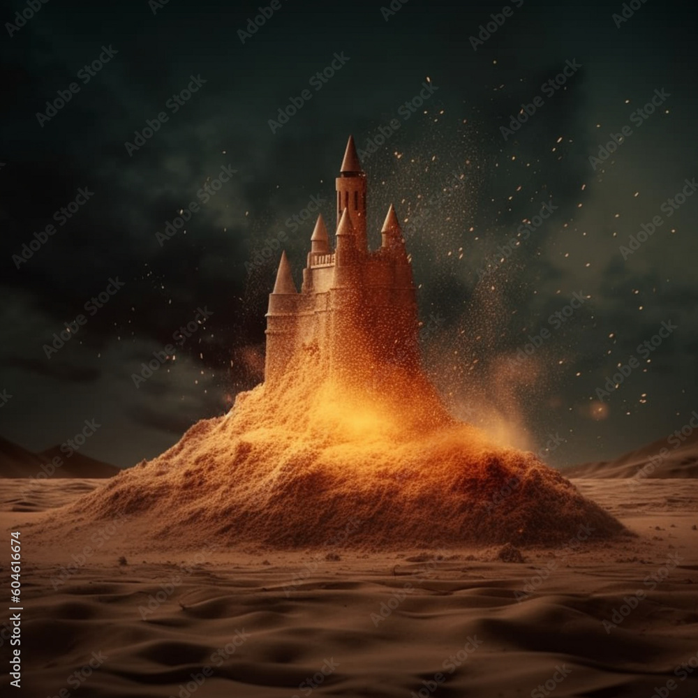 a cinematic scene of a sand castle on fire Ashes are flowing through ...