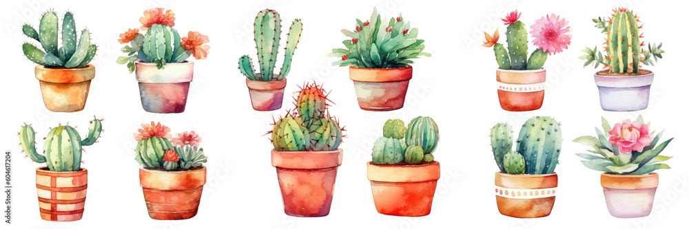 Watercolor set of cactus flowers clip art isolated on white transparent ...