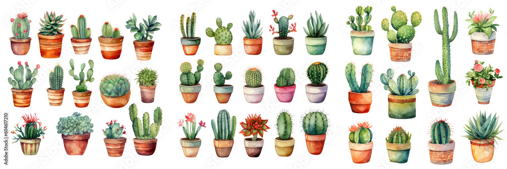 Watercolor set of cactus flowers clip art isolated on white transparent ...