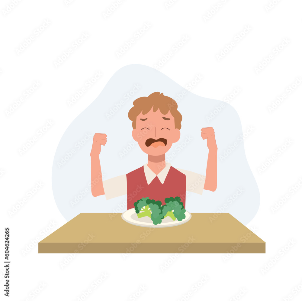 cute young boy,kid do not want to eat vegetable, broccoli. children ...