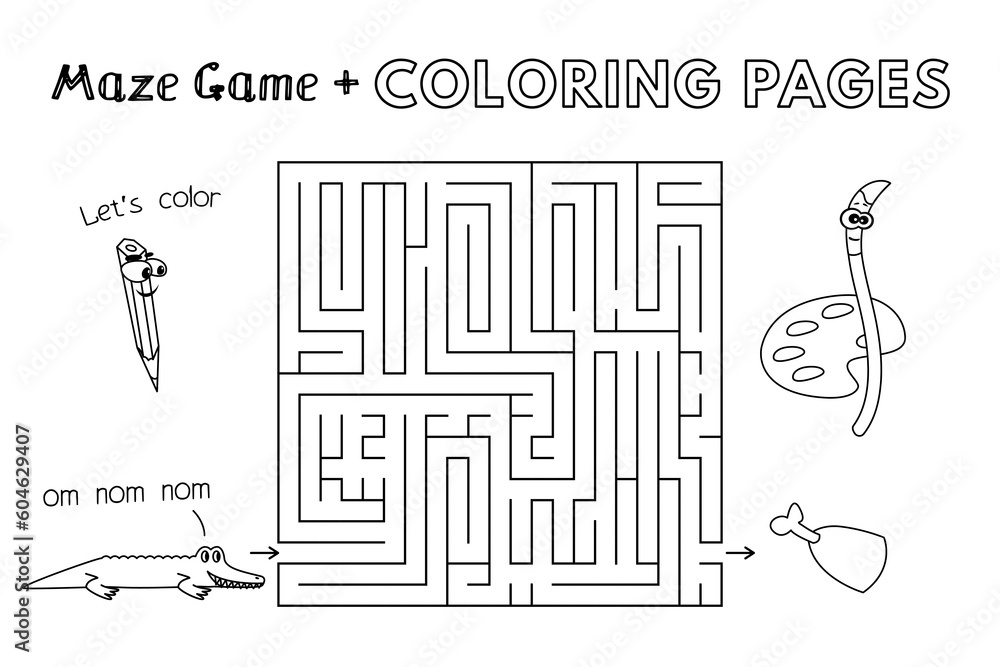 Cartoon alligator maze game. Vector coloring book pages for children ...
