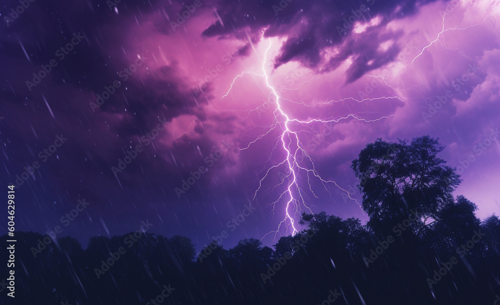 Vivid purple lightning pierces through a dark background, depicting ...