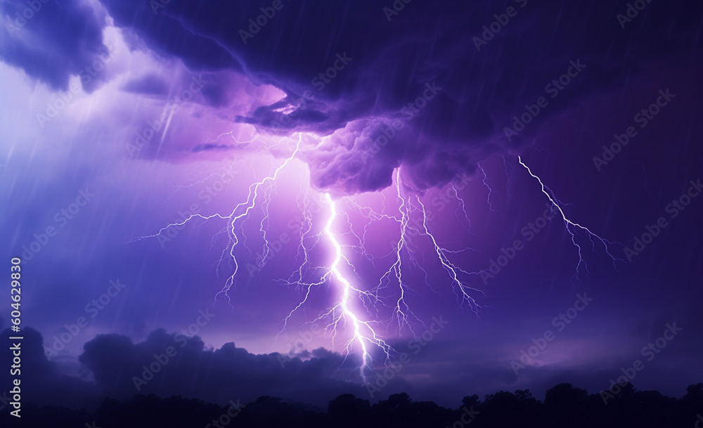 Vivid purple lightning pierces through a dark background, depicting ...