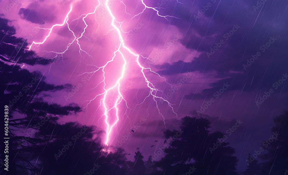 Vivid purple lightning pierces through a dark background, depicting ...
