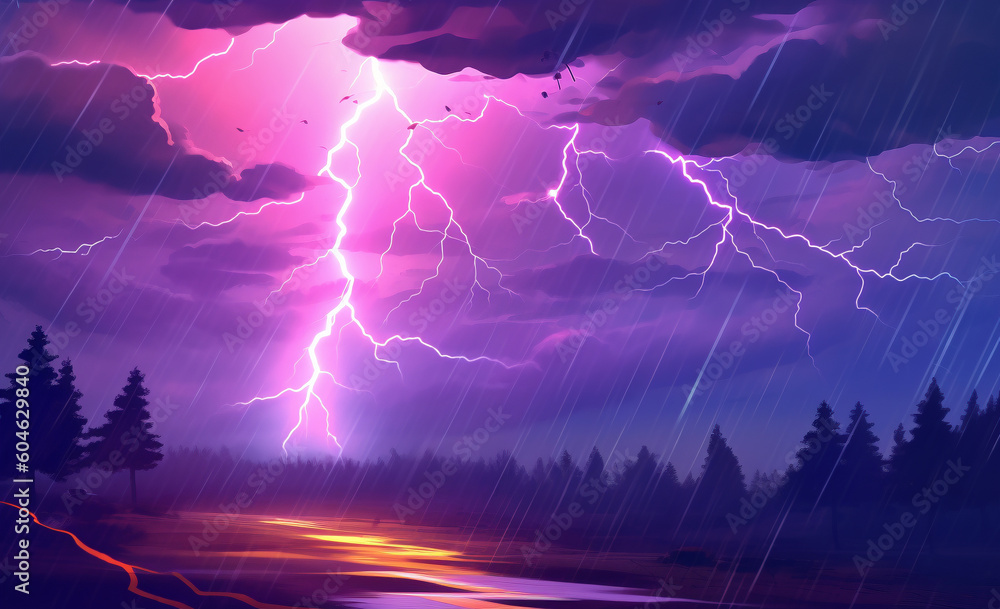 Vivid purple lightning pierces through a dark background, depicting ...