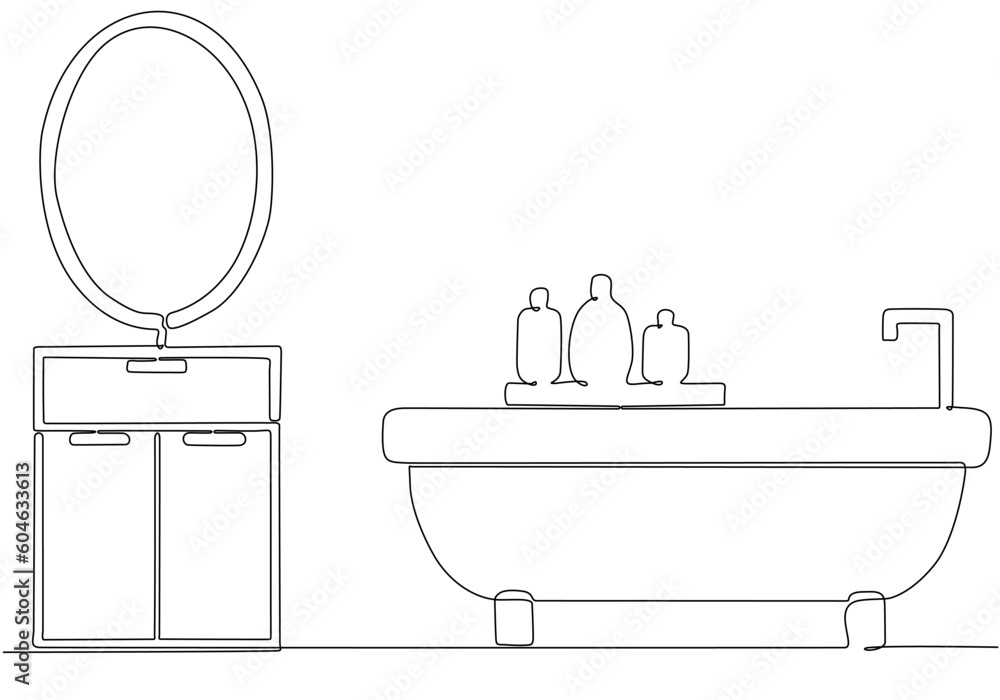 Continuous one line drawing of washbasin cabinet with toilet bowl and ...