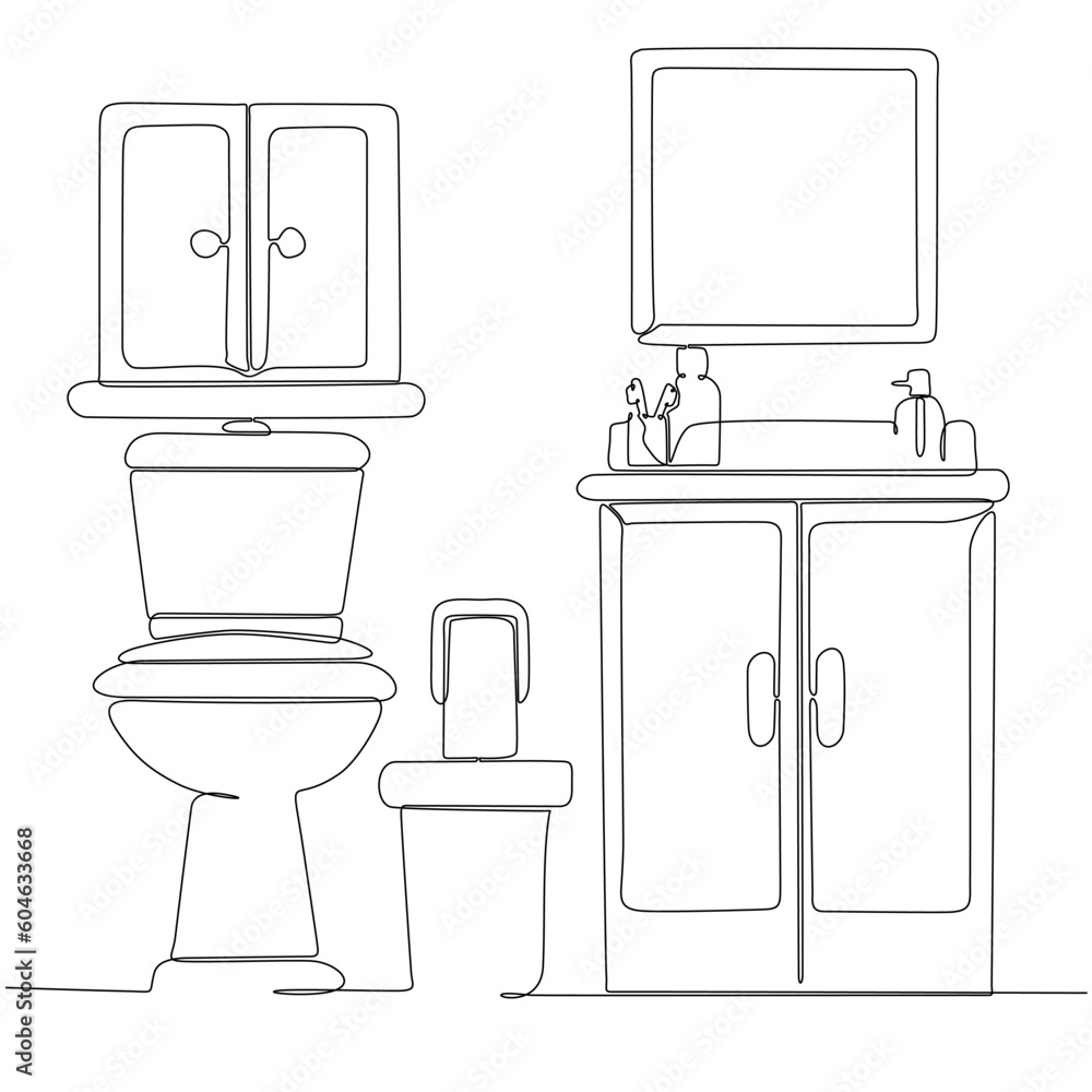 Continuous one line drawing of washbasin cabinet with toilet bowl and ...