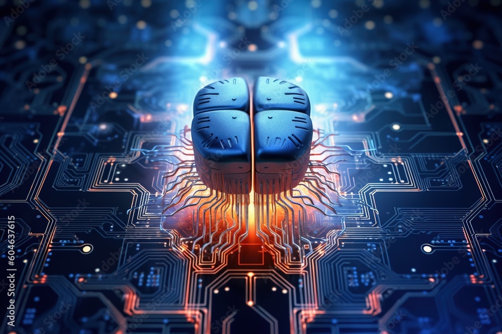 AI Artificial intelligence digital brain with neural connections to a processor and microchips ...
