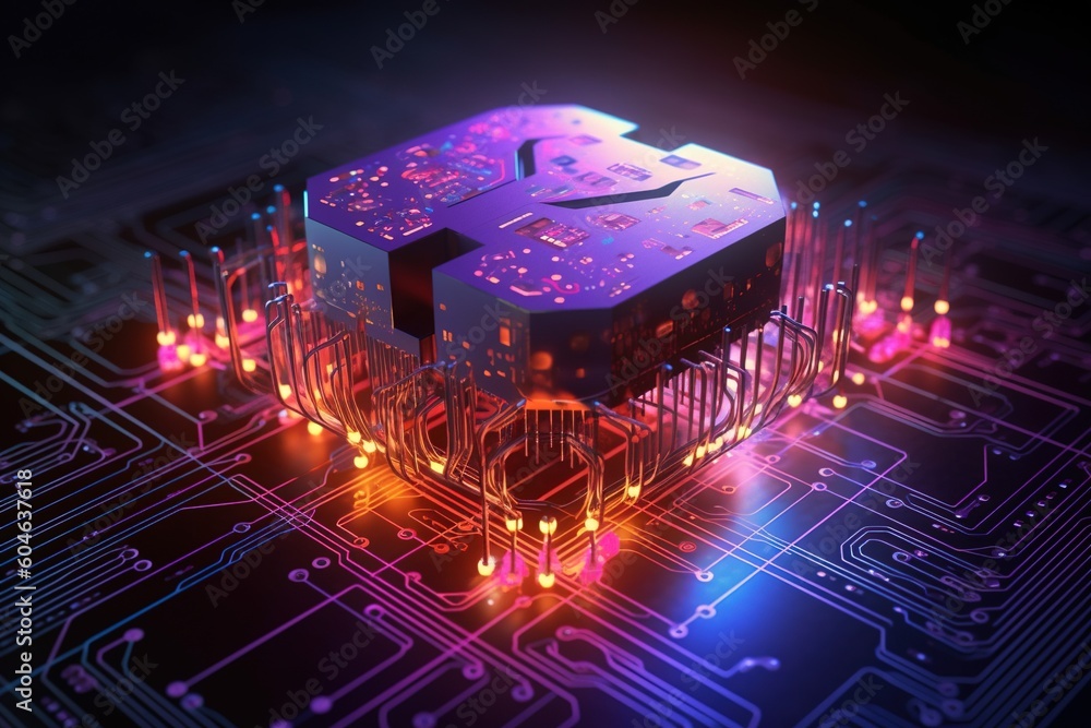 AI Artificial intelligence digital brain with neural connections to a processor and microchips ...