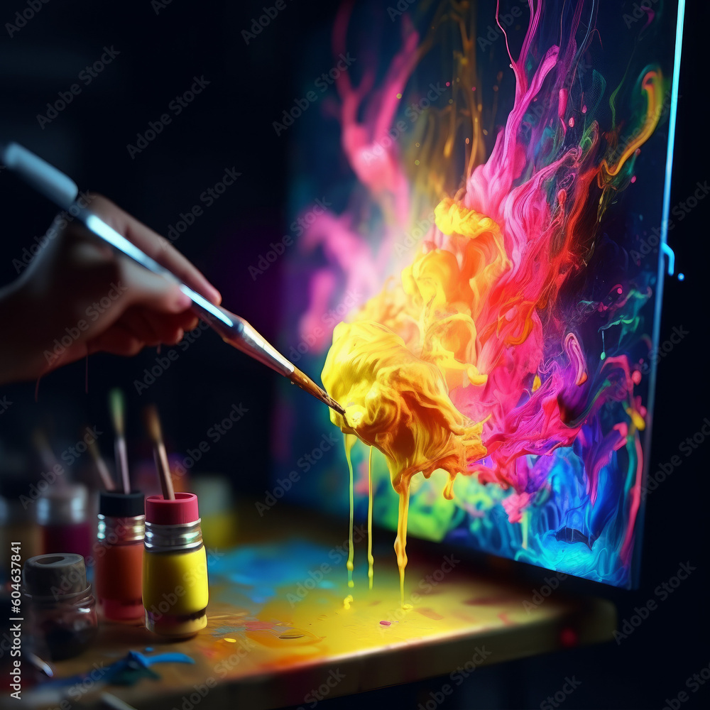 hand of artist is painting a picture with levitating abstract ...