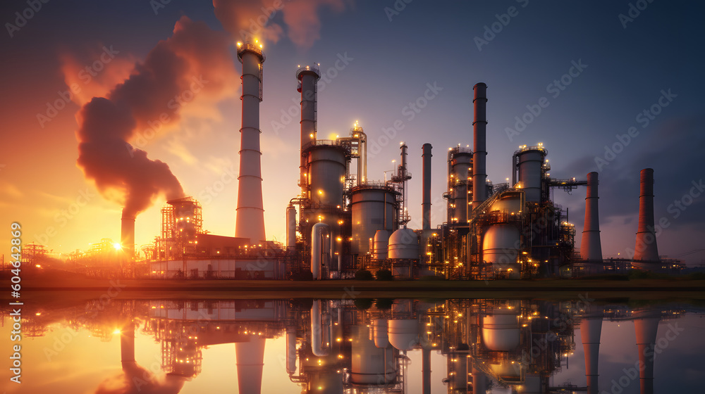 Oil refinery plant for crude oil industry on desert in evening twilight ...