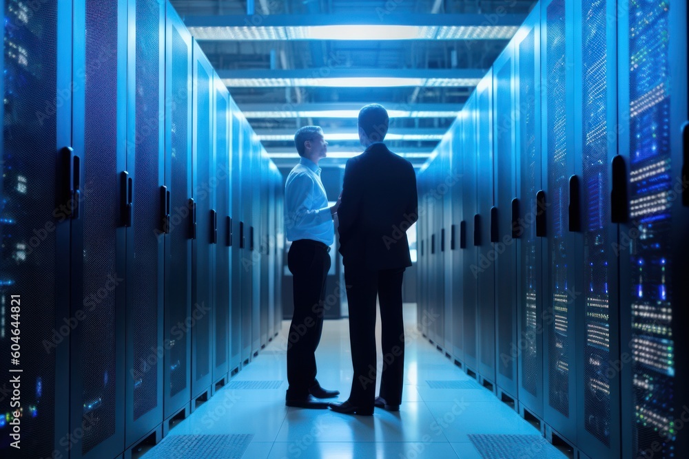 Two businessmen engaged in a discussion in a modern data center ...