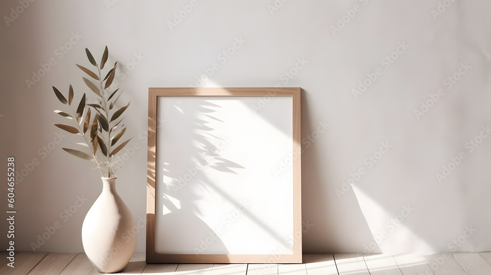 Portrait empty wooden frame mockup in sunlight. Olive branch in modern ...