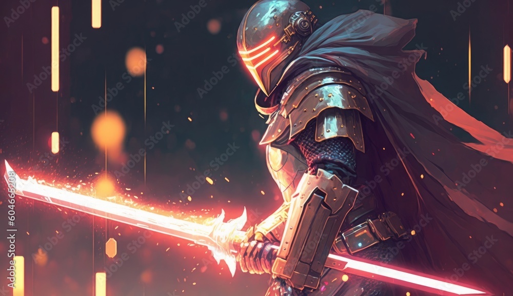 sci-fi character of astro-knight in futuristic armour holding magic ...
