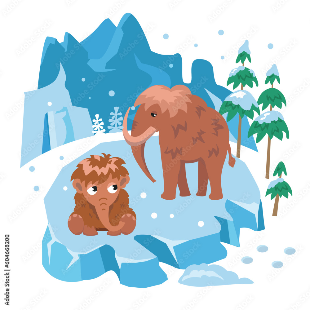 Cute mammoth cub and mother in winter among mountains and snow. Scene ...