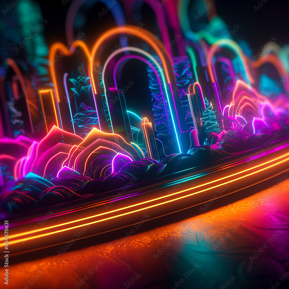 cyberpunk style colored neon strips, 80s style futuristic scene and ...