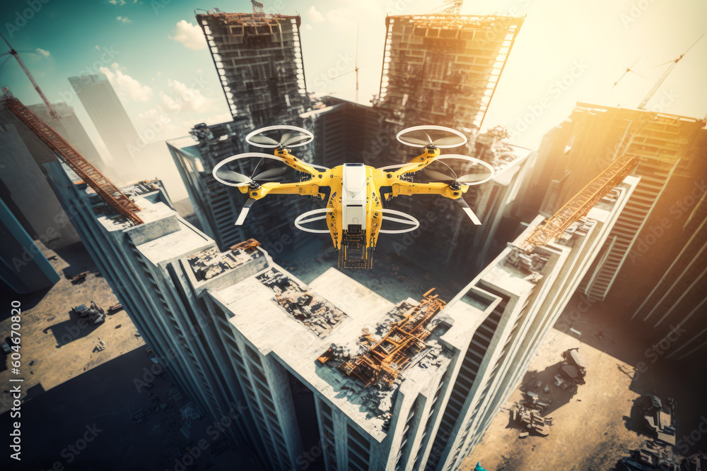 Spectacular aerial view of yellow and white drone surveying skyscraper ...