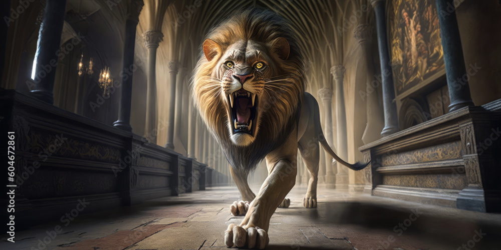Majestic lion in a Gothic cathedral's central aisle, inspiring awe ...