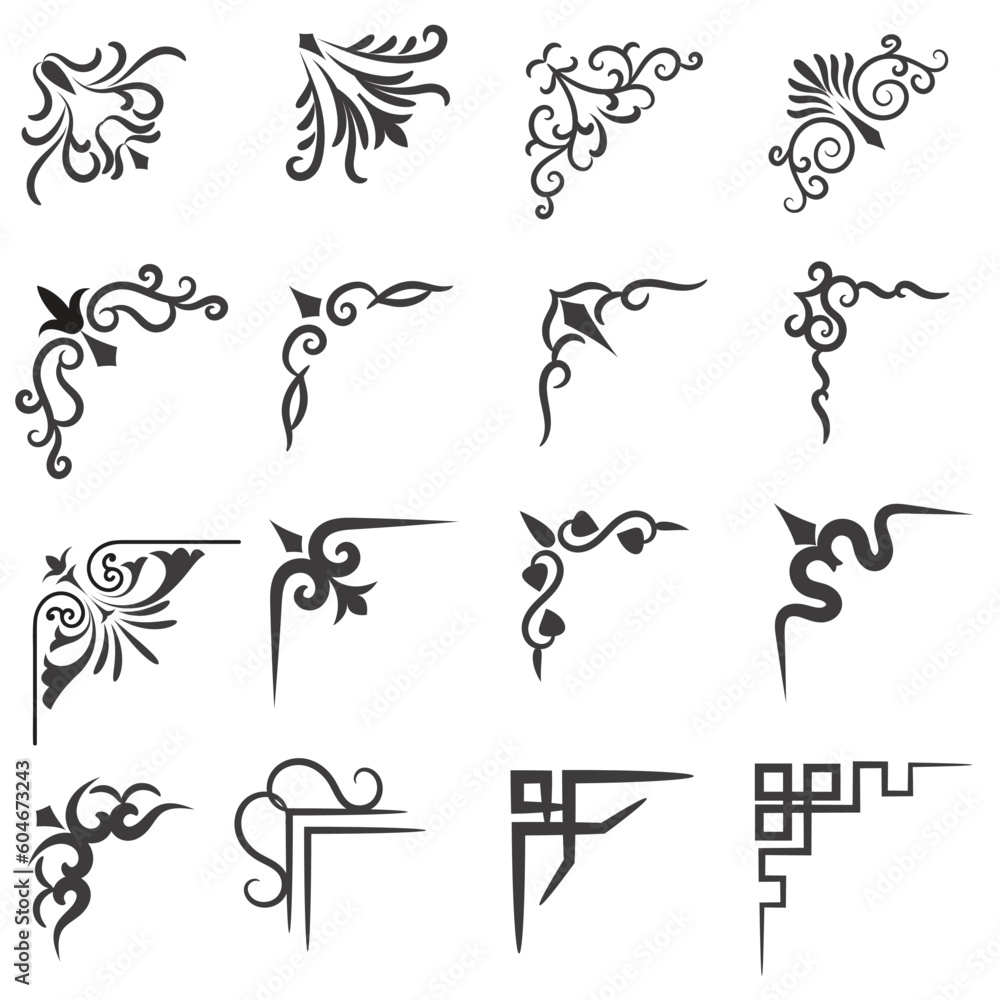Vector illustration of decorative corner frame set. Set Hand Draw of ...