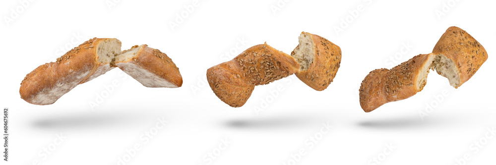 Set of isolates of broken loaves of bread. A set of loaves of light ...