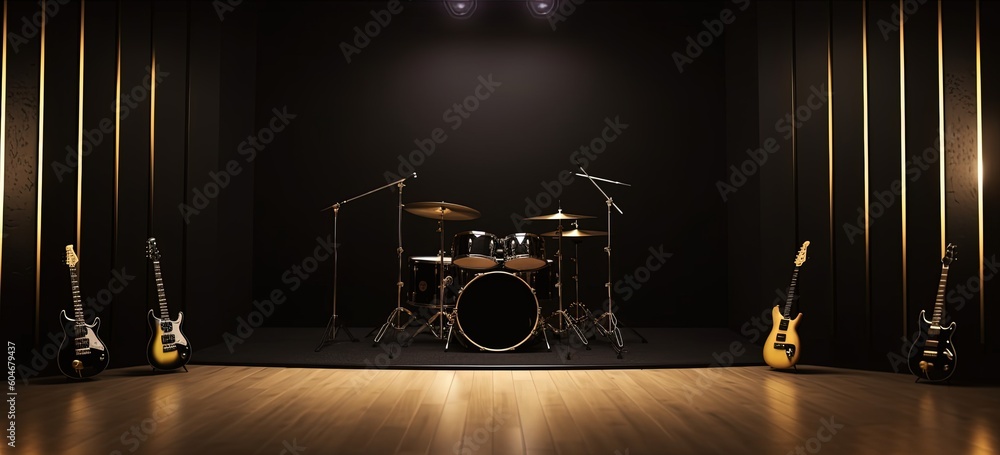 music studio with music instrument, drum set in dark room, Generative ...