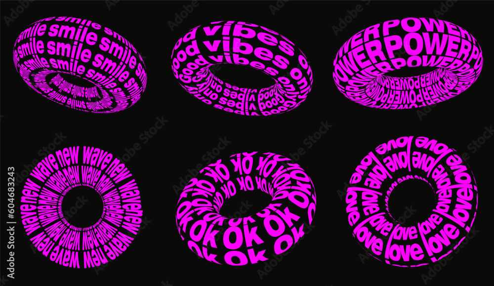 Trendy geometric shapes, donuts with text. 2000s style elements for ...