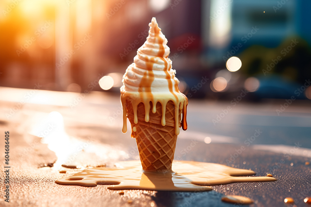 Melting ball of vanilla ice cream on the sidewalk asphalt in the summer ...