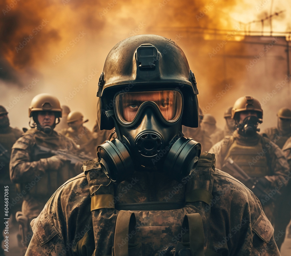 Military man fully equipped and masked looking into the camera. In the ...