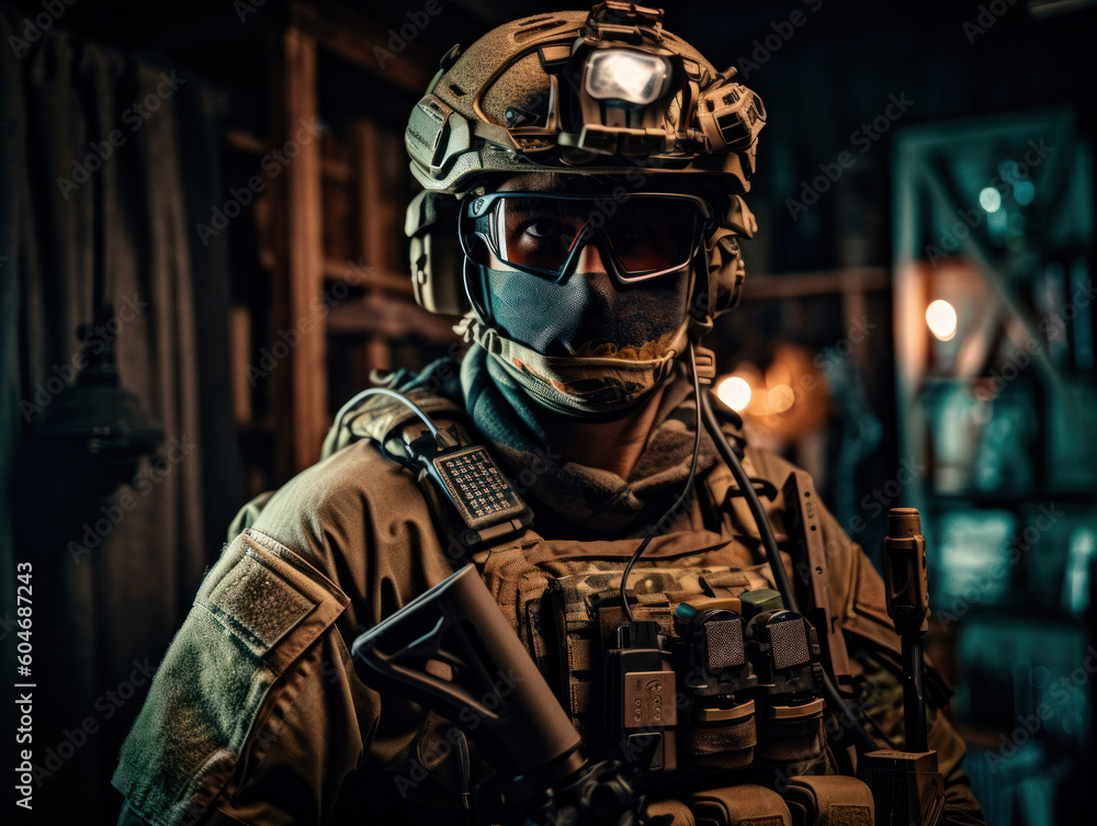 United States Army Special forces soldier in uniform and helmet with ...