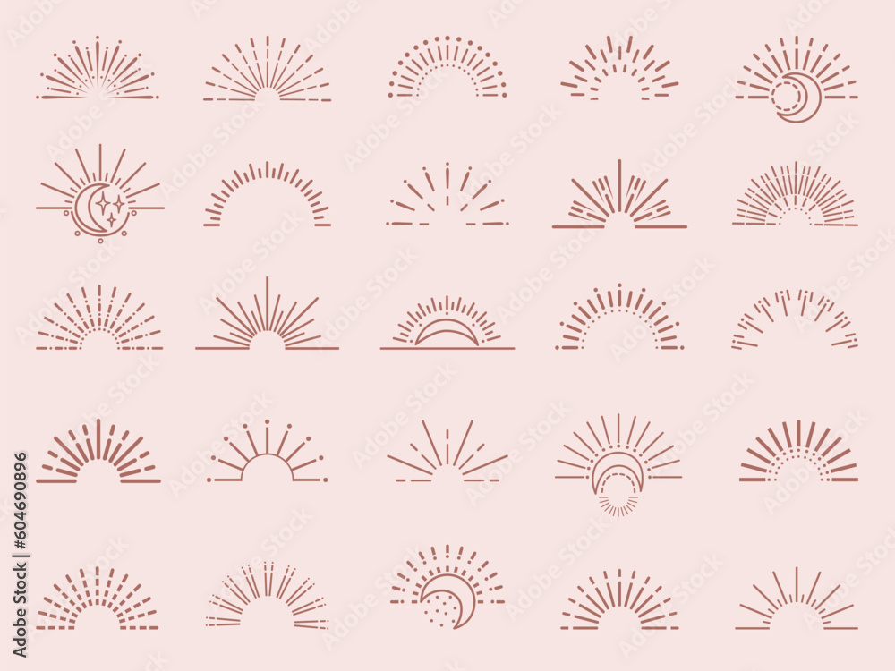 Explosion sunburst rays logo, sun boho retro decoration symbols ...