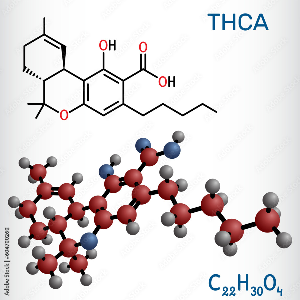 Tetrahydrocannabinolic acid, THCA, tetrahydrocannabinolate molecule ...