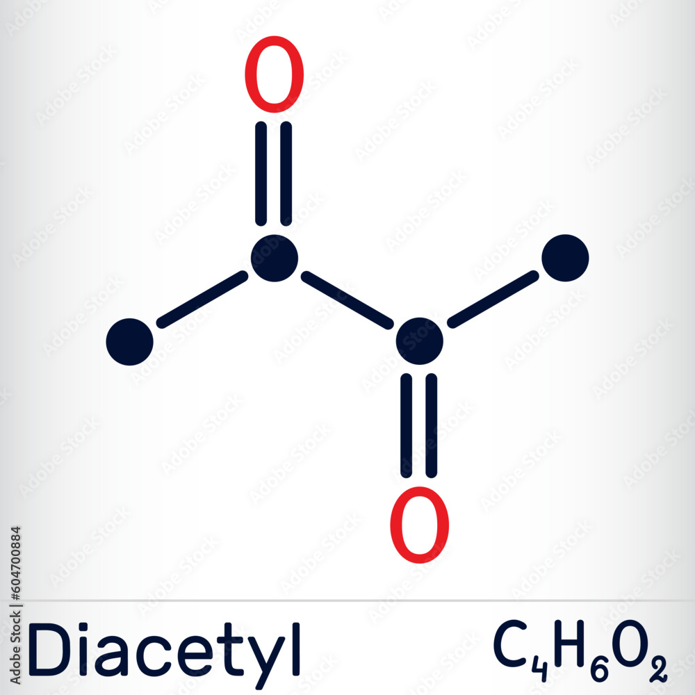 Diacetyl, butanedione molecule. It is occurs in alcoholic beverages and ...