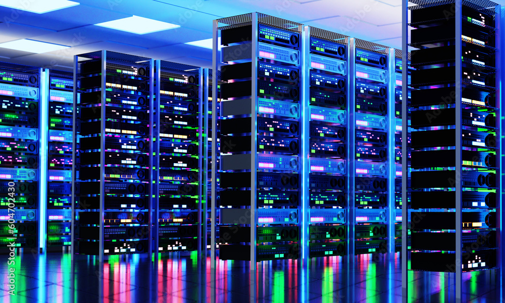 Interior of Big Modern server room with rows of rack cabinets, data ...