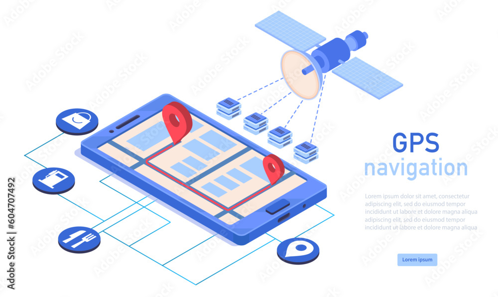 Vetor de GPS navigation concept. Satellite connects to smartphone. Map ...