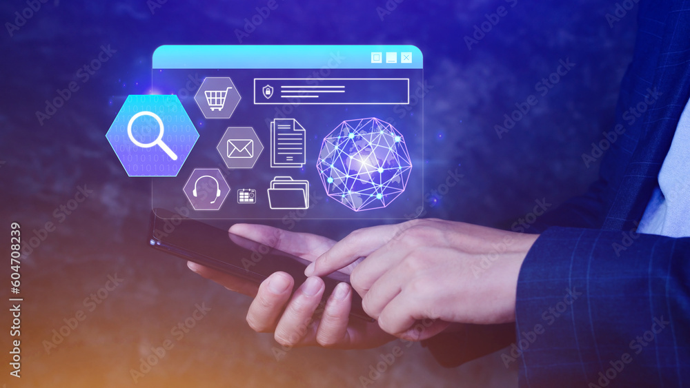 Hand touching of data search box information icon with Digital ...