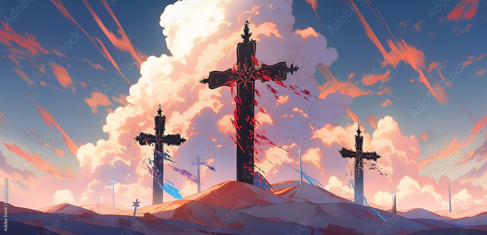 Christian illustration of crosses in the desert in anime style. Many ...