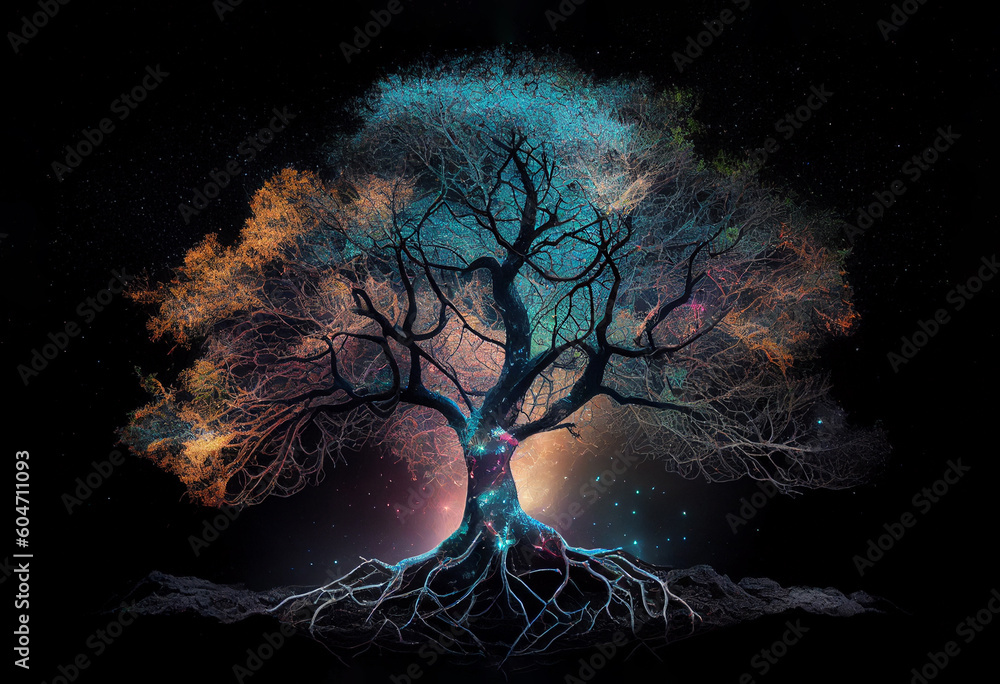Tree glowing in iridescent light at night. Roots and branches emanating ...