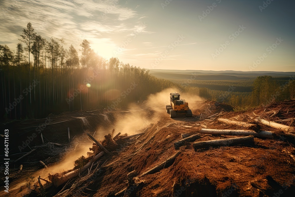 Deforestation, clear-cut with logging machinery. Negative impact on ...