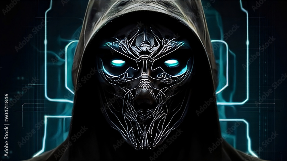 Hacker with a hooded jacket and bright blue eyes, in a dystopian ...