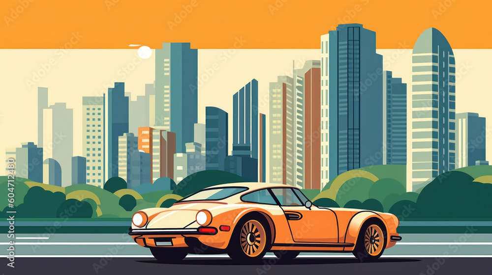 Pop art illustration of a classic orange sports car driving through a ...