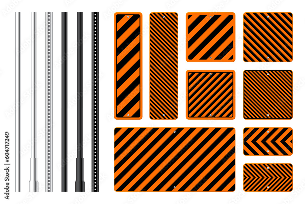 Warning, danger signs, attention banners with metal poles. Orange ...