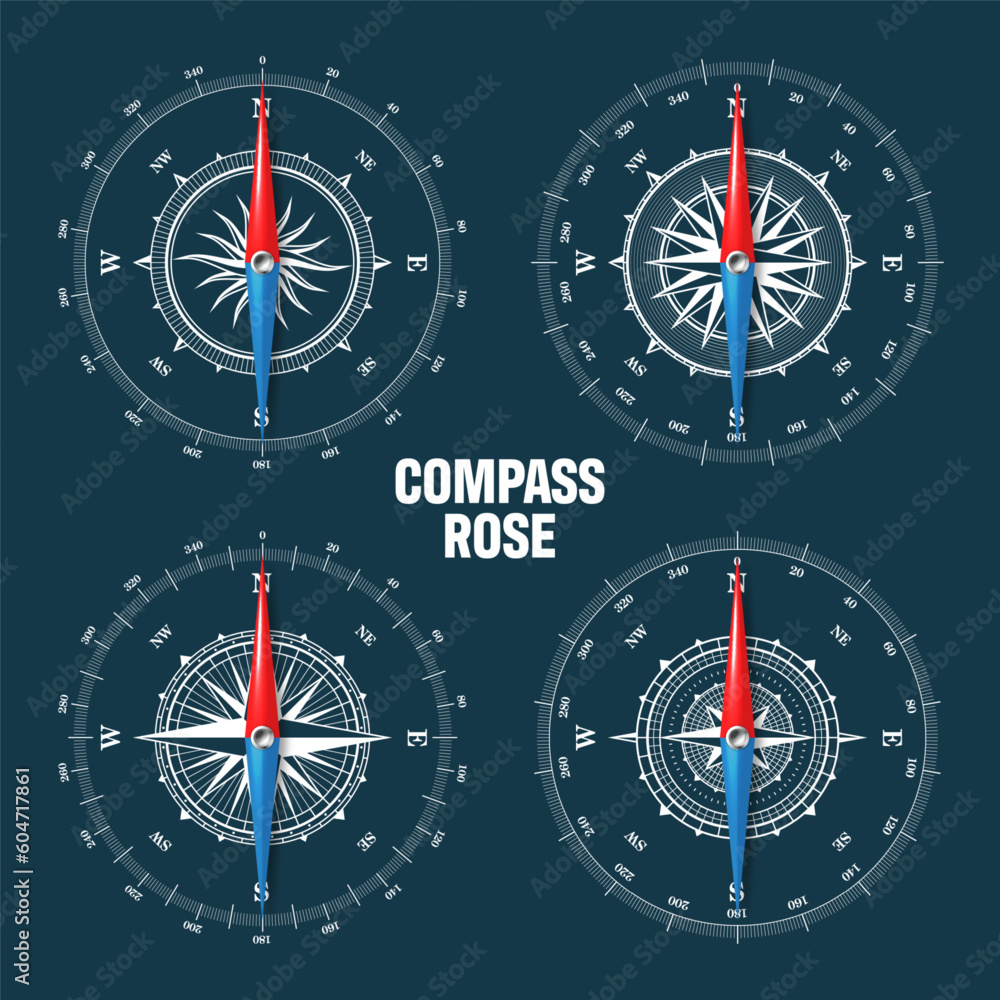 Marine compass, nautical wind rose with cardinal directions of North ...